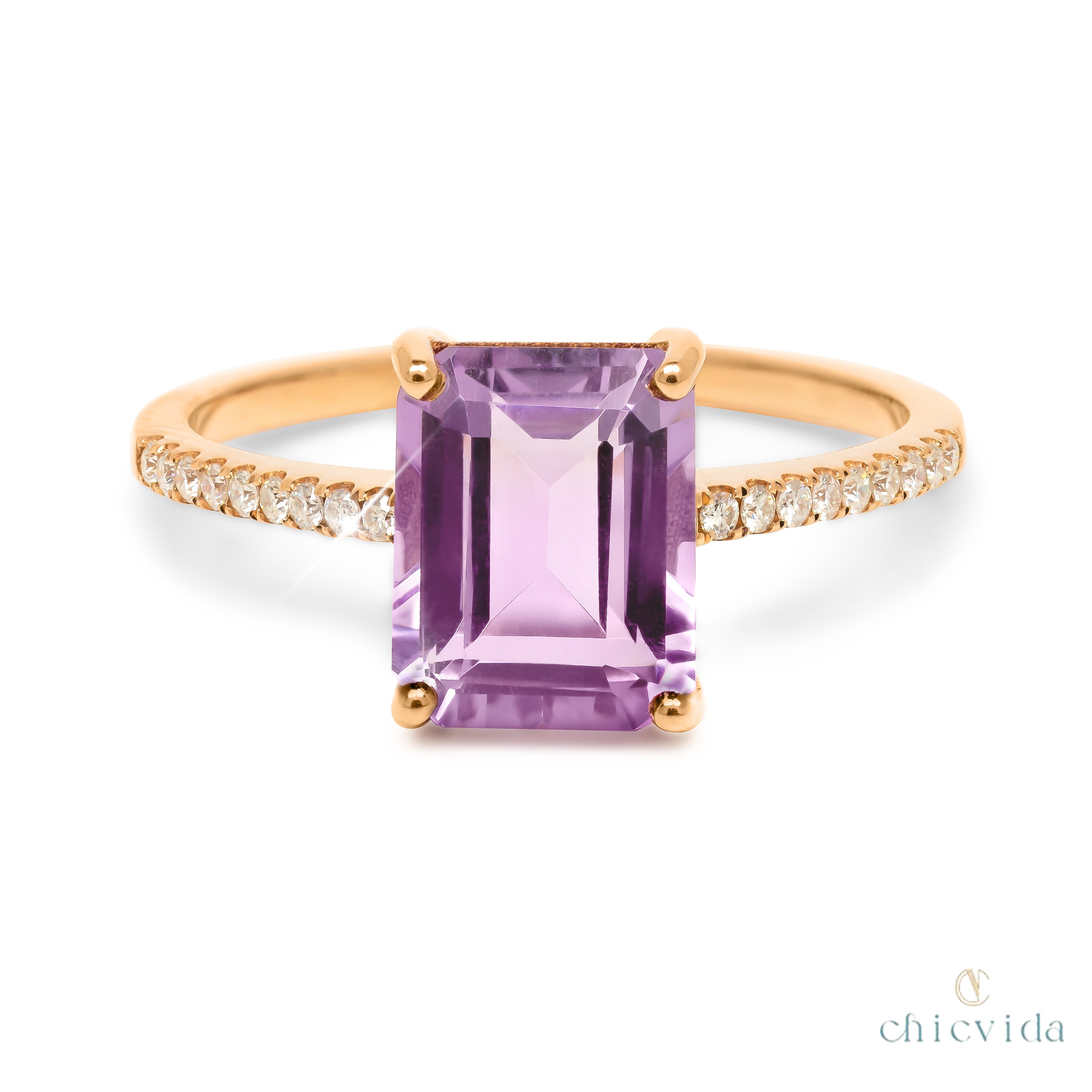 Natural Amethyst Engagement Ring/emerald Cut Amthyst Ring/14k Solid ...