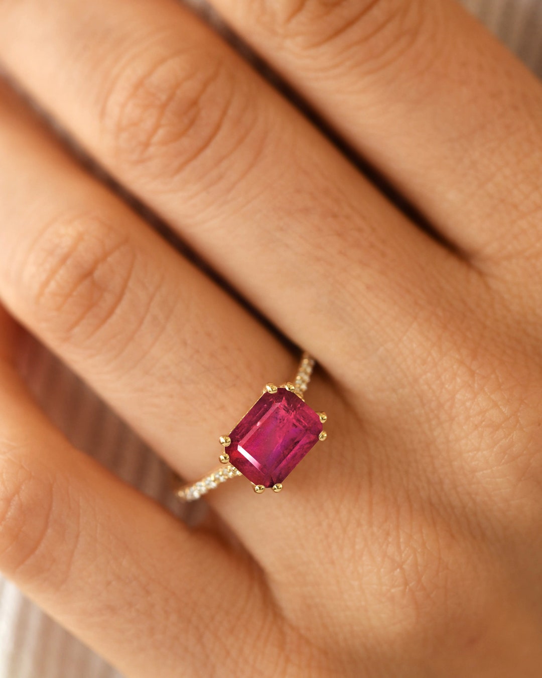 Emerald Cut Ruby Engagement Ring,14k Solid Gold Diamond Ring,east West ...