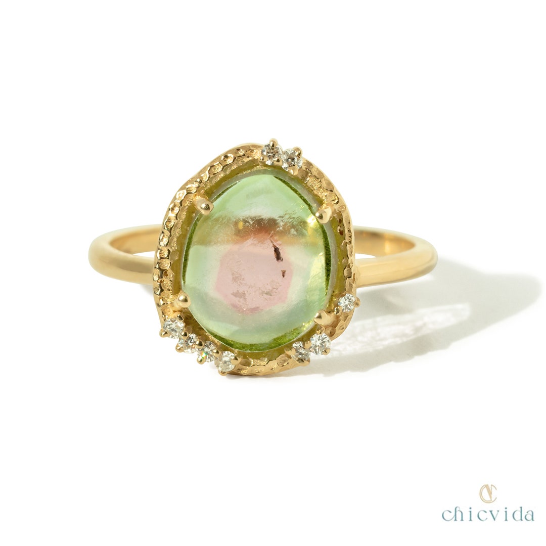 Natural Raw Watermelon Tourmaline Slice Ring/solid Gold Ring With Real ...