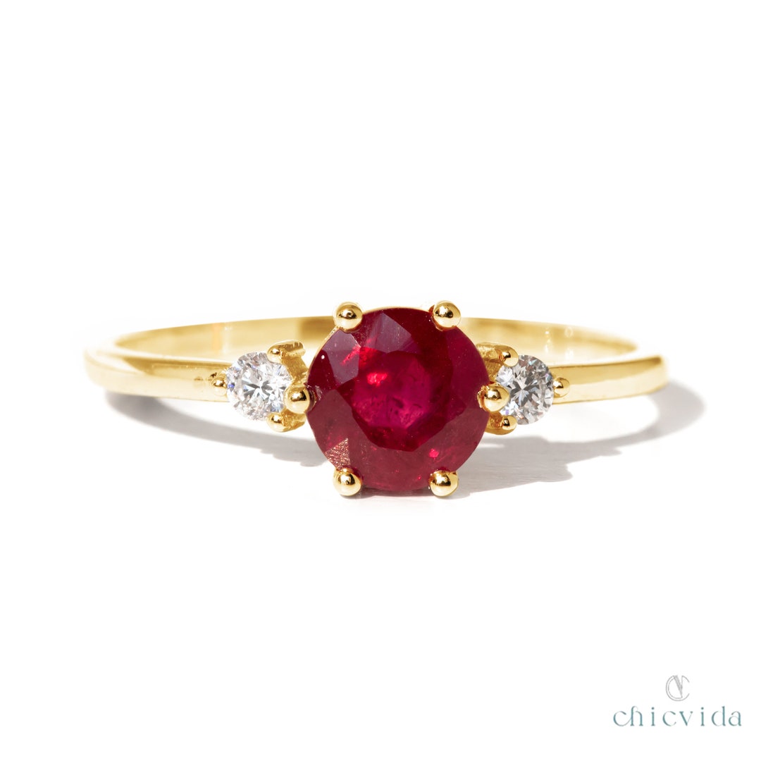 Three Stone Ruby Engagement Ring,genuine Ruby Jewelry,18k Solid Gold ...