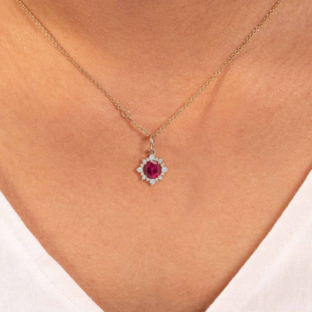 Solitaire Ruby Halo Pendant, Cluster Diamond Bridal Necklace in 14k ...