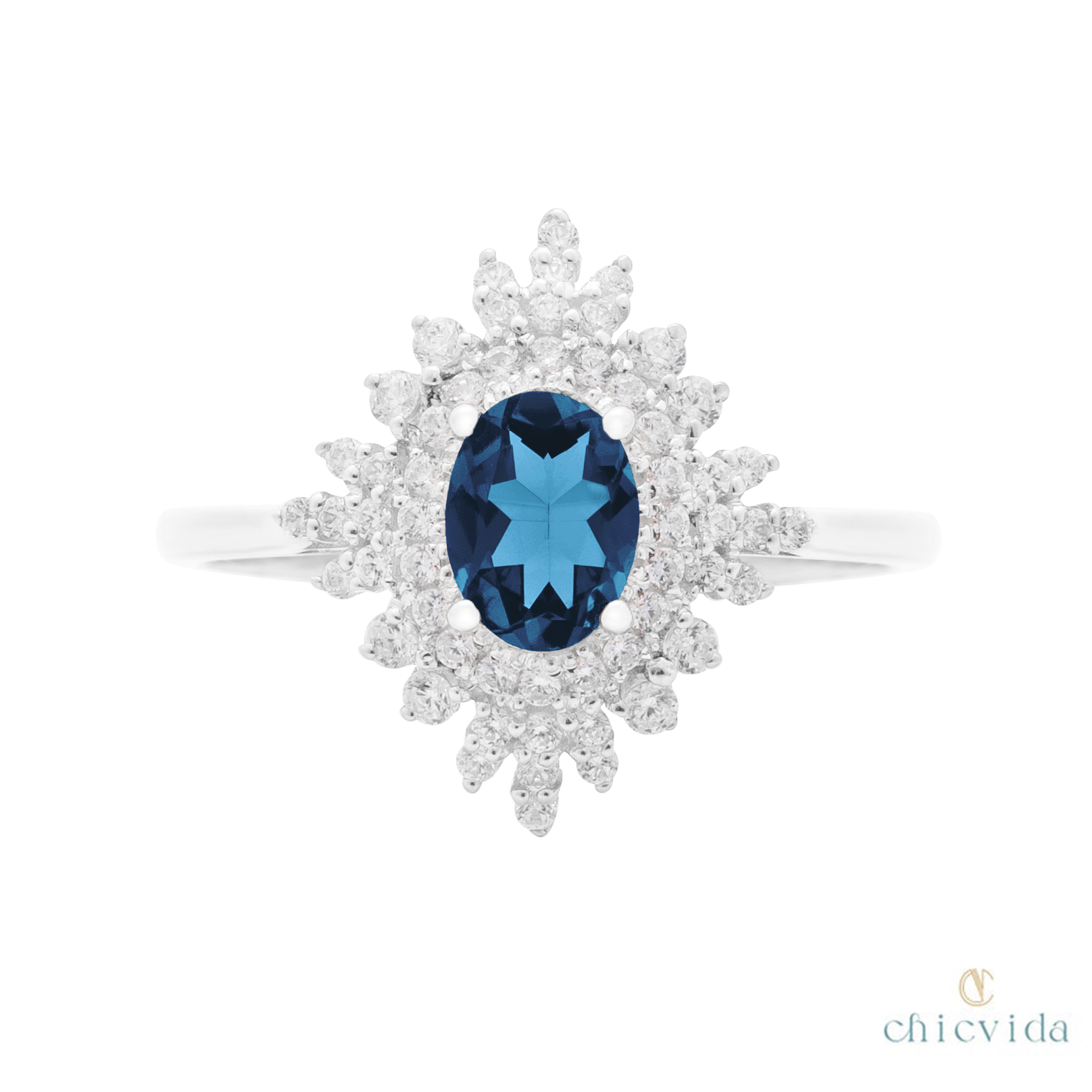 London Blue Topaz Halo Ring, Sunburst Gemstone Ring in 14k Gold, Oval ...