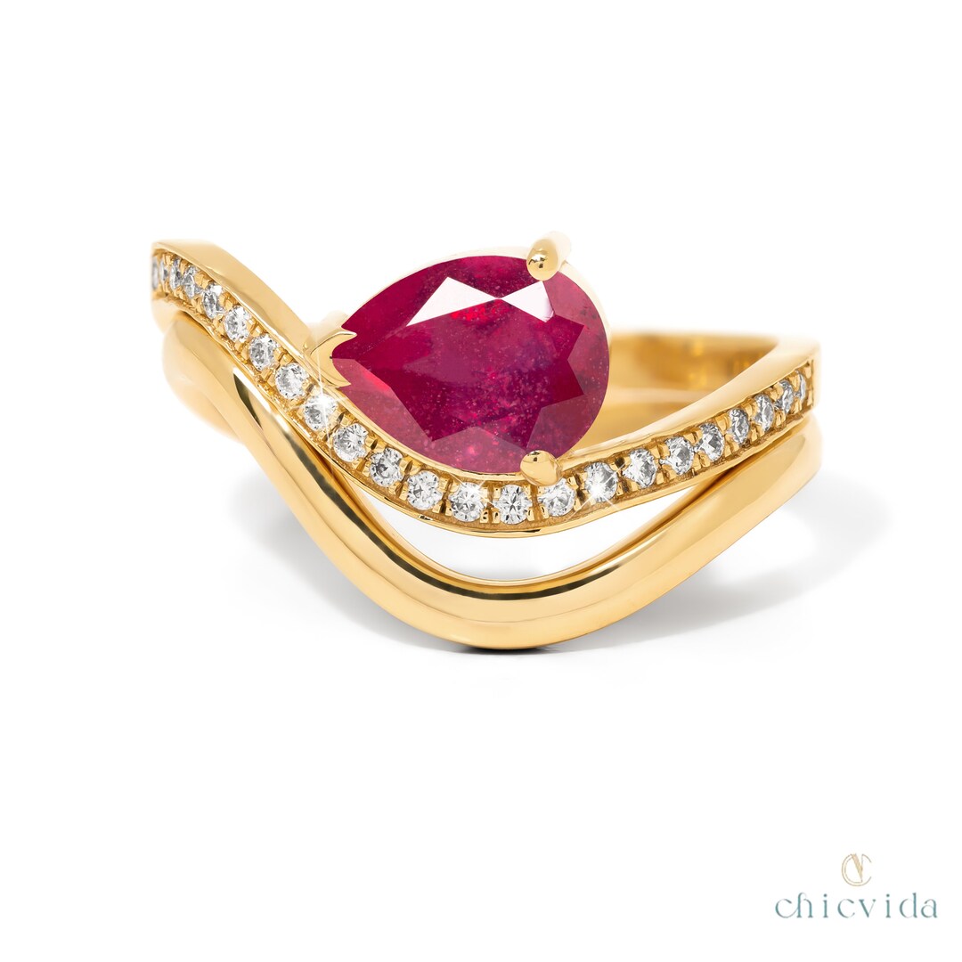 Natural Pear Ruby Engagement Ring Set, Diamond Eternity Band, 18K Gold ...