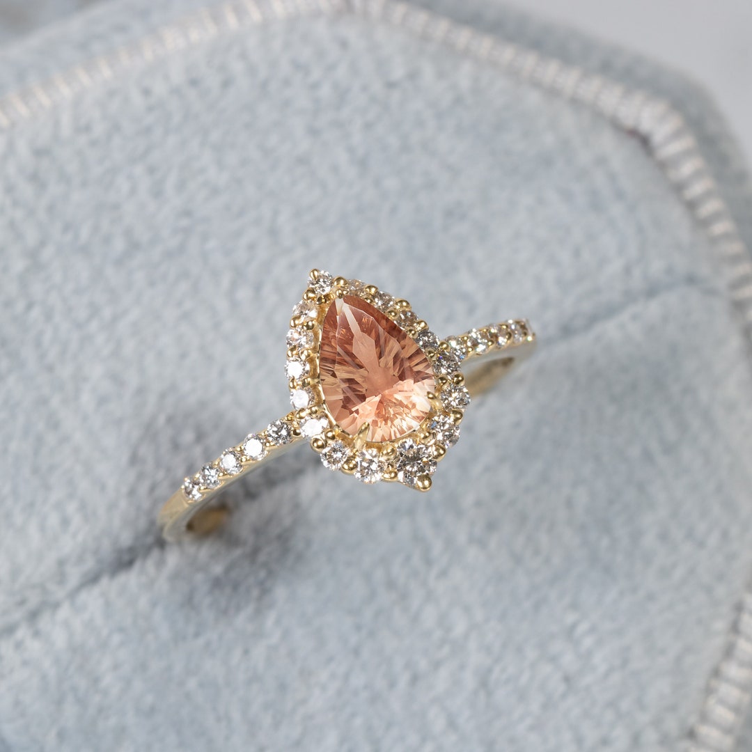 Sunstone Engagement Ring/14k Gold Sunstone Ring/teardrop Sunstone Halo Diamond Ring/wedding Ring ...