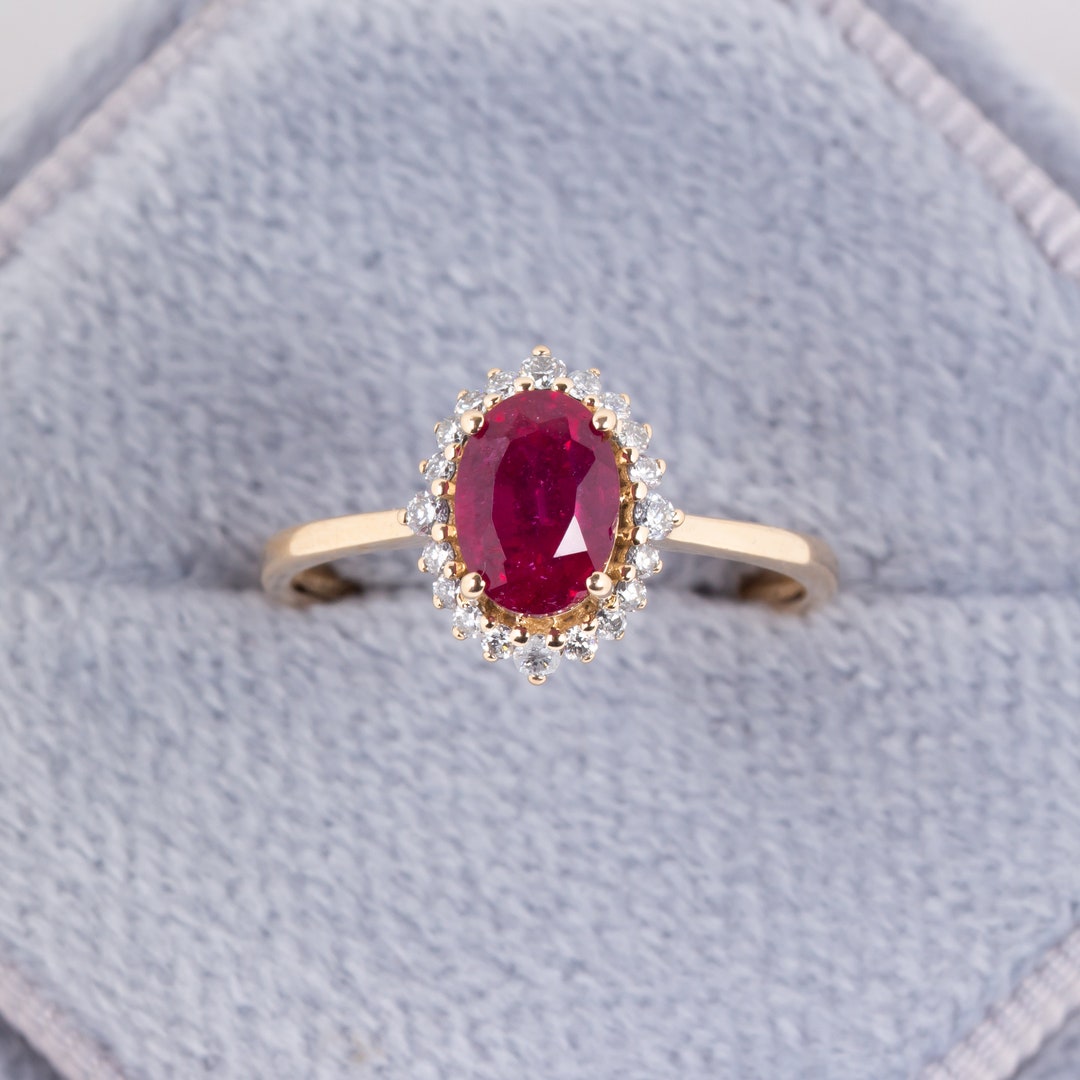 Vintage Ruby Engagement Ring/floral Diamond Ring/14k Solid Gold/oval ...