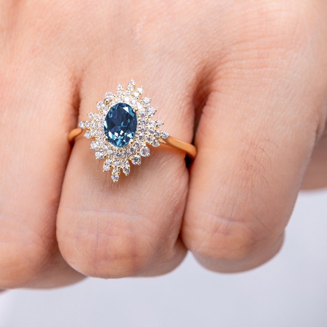 London Blue Topaz Halo Ring, Sunburst Gemstone Ring in 14k Gold, Oval ...