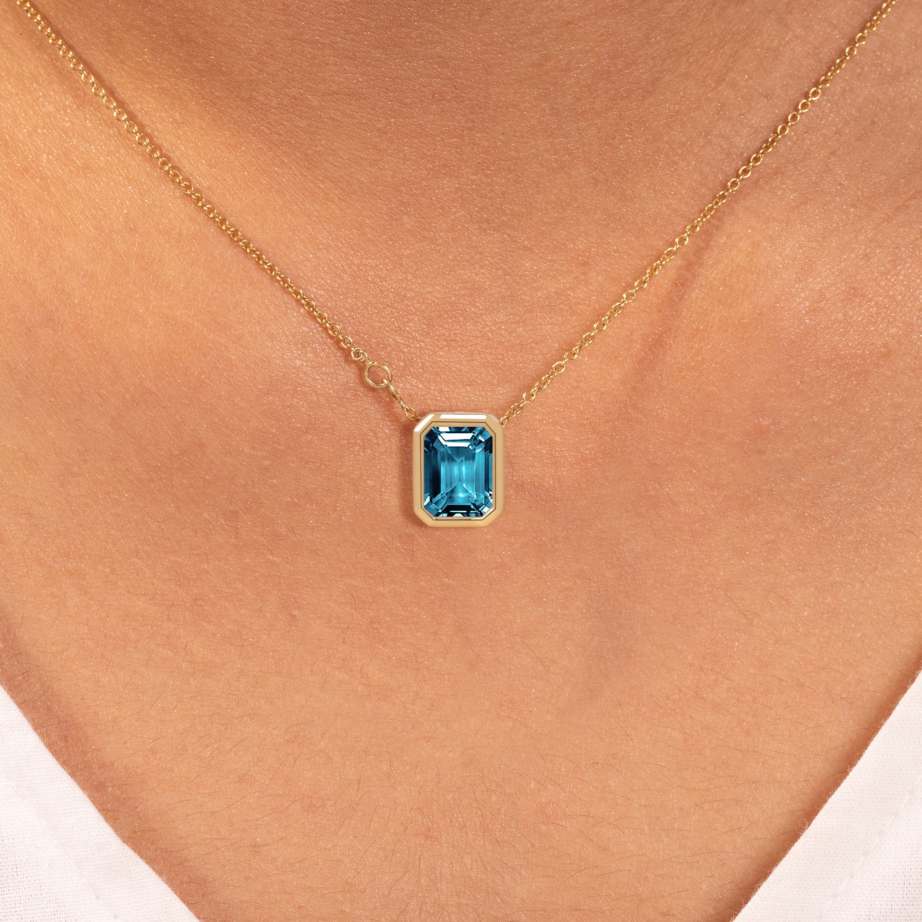 Emerald Cut Blue Topaz Necklace Bezel Set Solid 14k Gold Floating ...