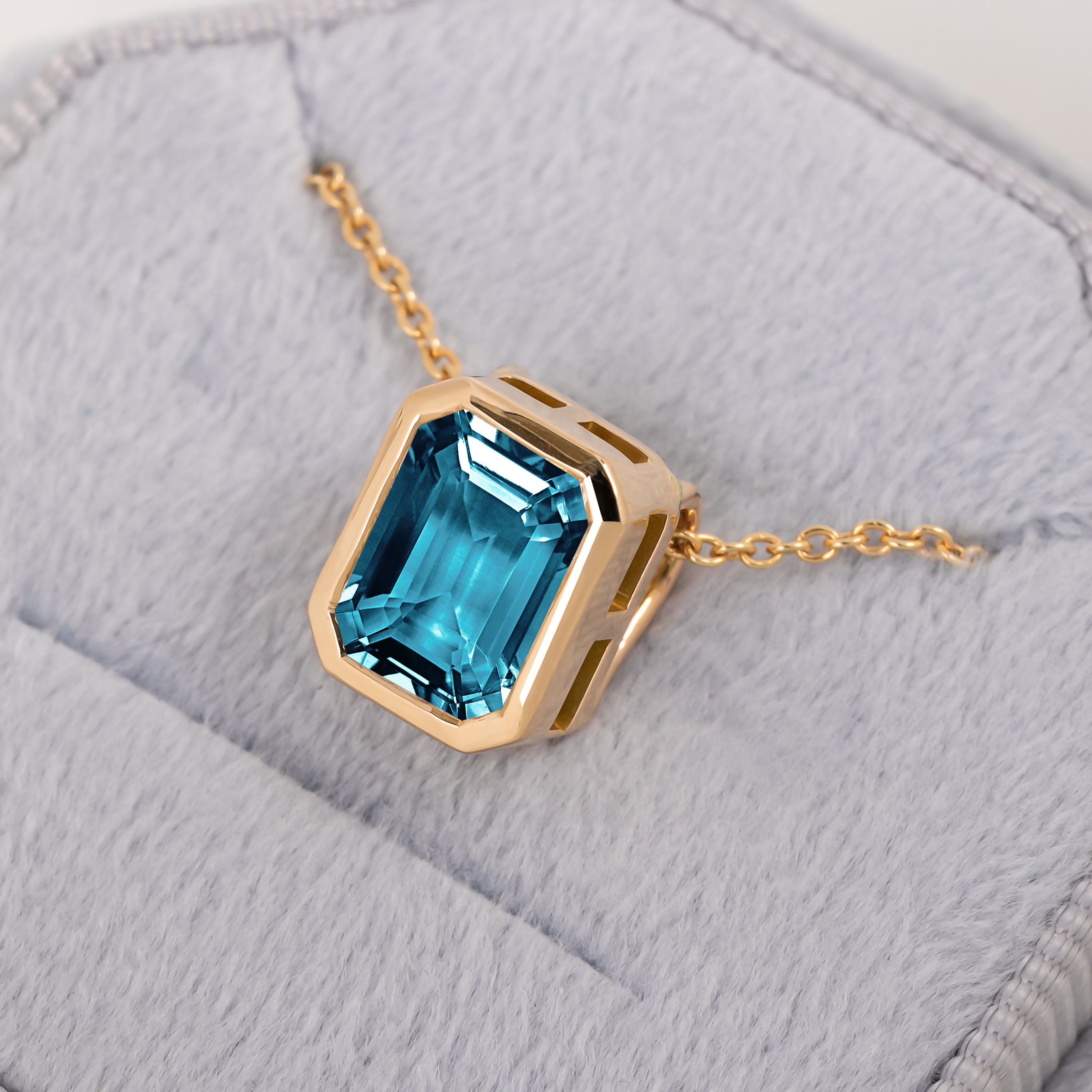 Emerald Cut Blue Topaz Necklace Bezel Set Solid 14k Gold Floating ...
