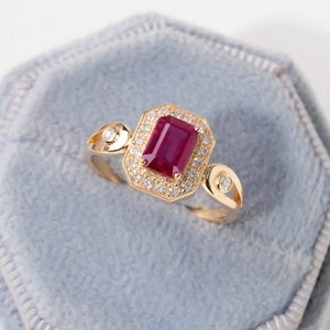 Emerald Cut Ruby Ring,art Deco Style Genuine Ruby Engagement Ring,solid 14k/18k Rose Gold ...