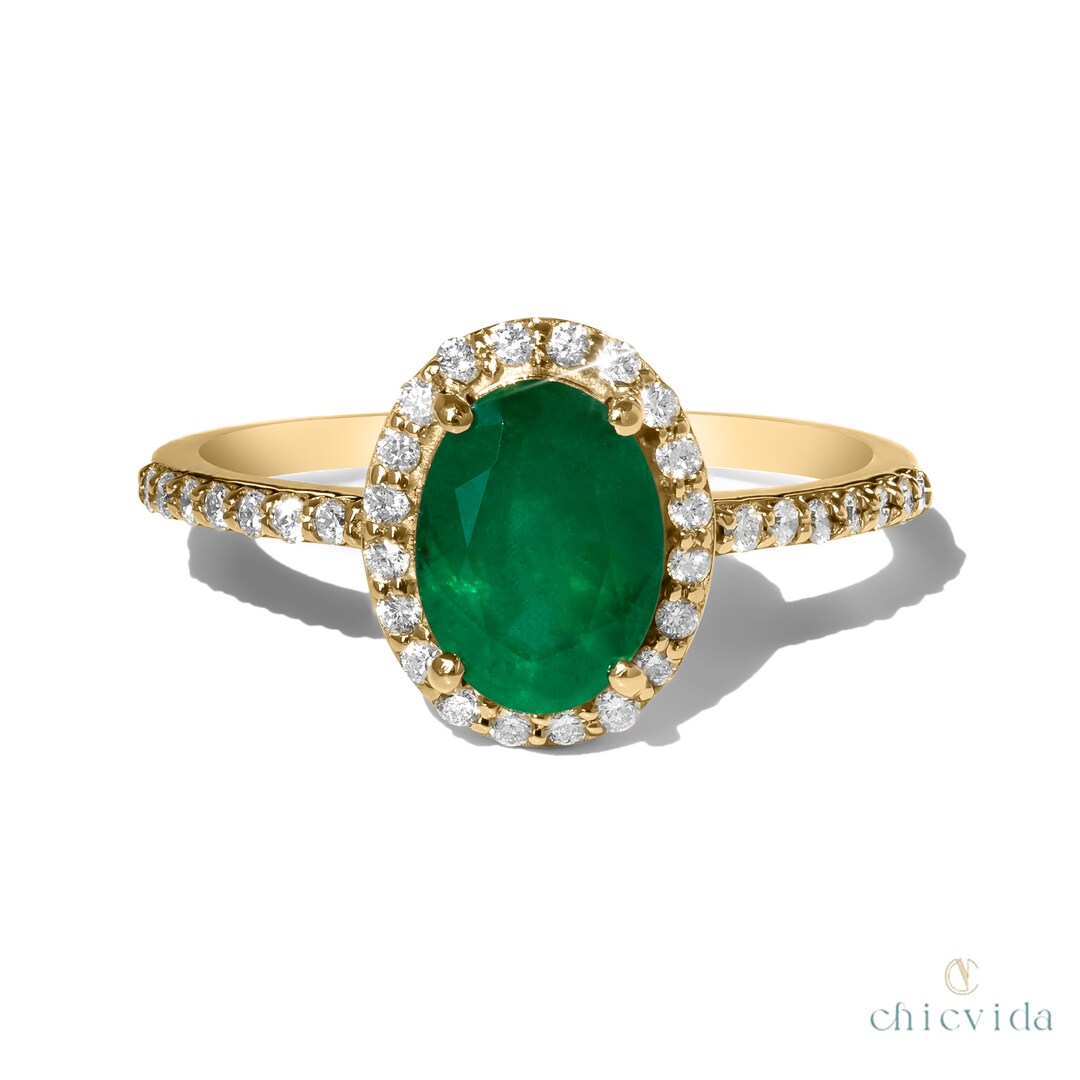 Oval Cut Emerald Wedding Ring,14k Solid Gold,halo Diamond Ring,ethical ...