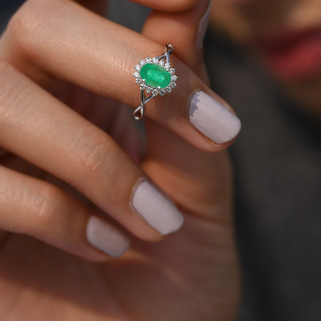 Real Emerald Sunburst Ring, 14K Floral White Gold Ring, Oval Emerald ...