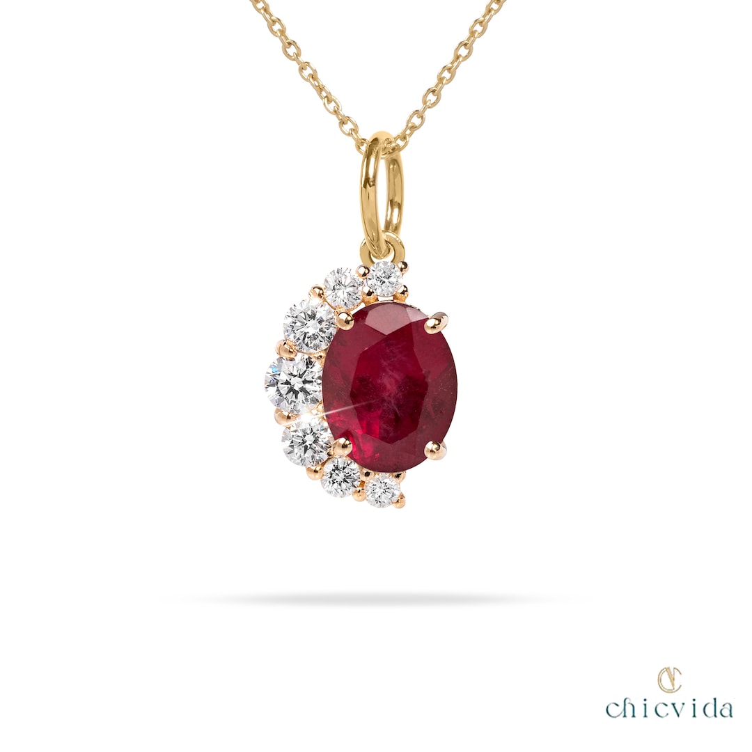 14k Solid Gold Ruby Necklace, Natural Ruby Pendant, Half Halo, Gemstone ...