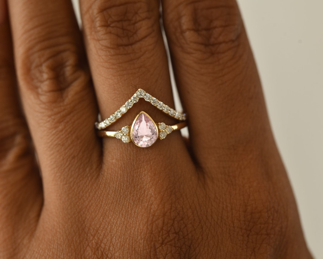 Teardrop Morganite Engagement Ring Set 14k Solid Gold Morganite Diamond
