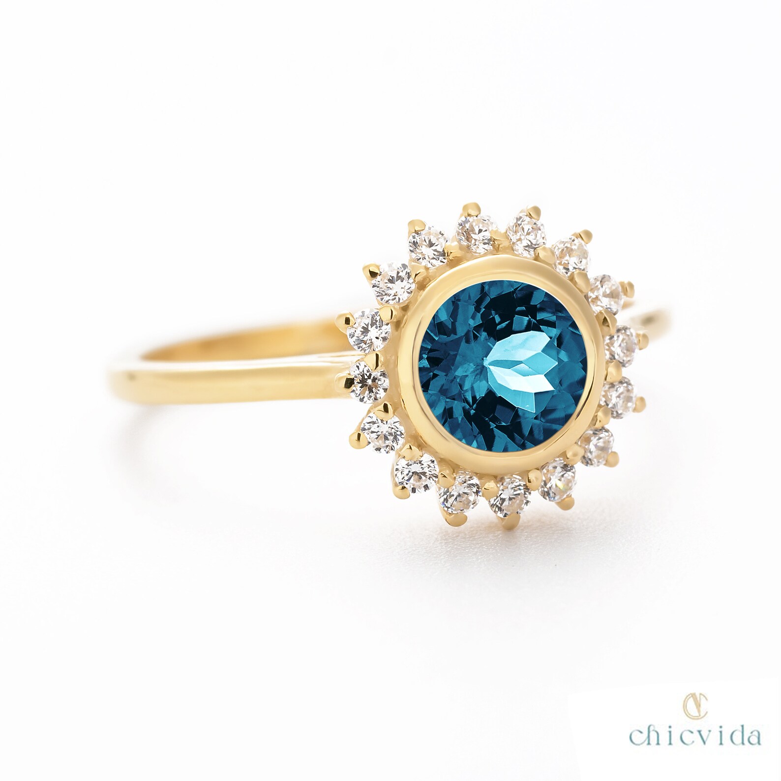 Round Cut London Blue Topaz Ring,14k Solid Gold,bezel Set Topaz Diamond ...