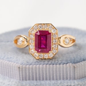 Emerald Cut Ruby Ring,art Deco Style Genuine Ruby Engagement Ring,solid ...
