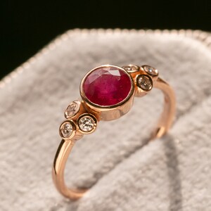 14k Solid Gold Ruby Engagement Ring,cluster Diamond Ring,bezel Set Ruby Ring,dainty Wedding Band ...