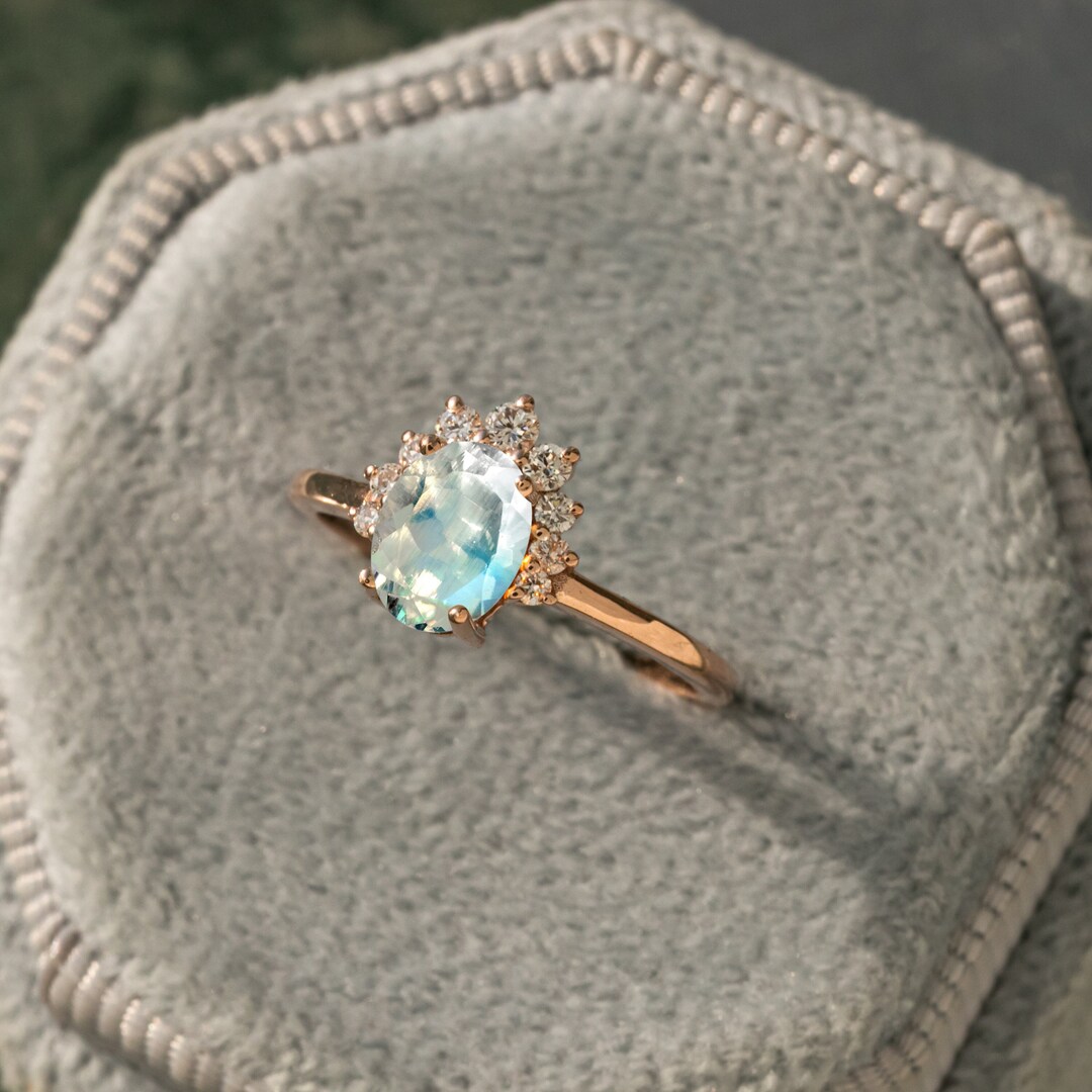 14k Gold Moonstone Ring,crown Diamond Wedding Ring,art Deco Engagement ...