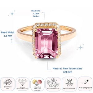 Emerald Cut Pink Tourmaline Engagement Ring,14k Solid Rose Gold, Natural Tourmaline Diamond Ring ...