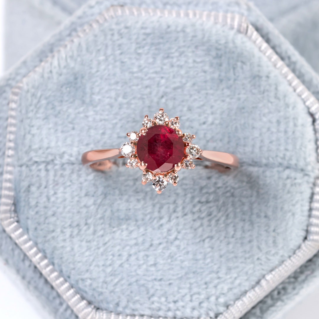 Genuine Ruby Engagement Ring/vintage Halo Diamond Ring/july Birthstone ...