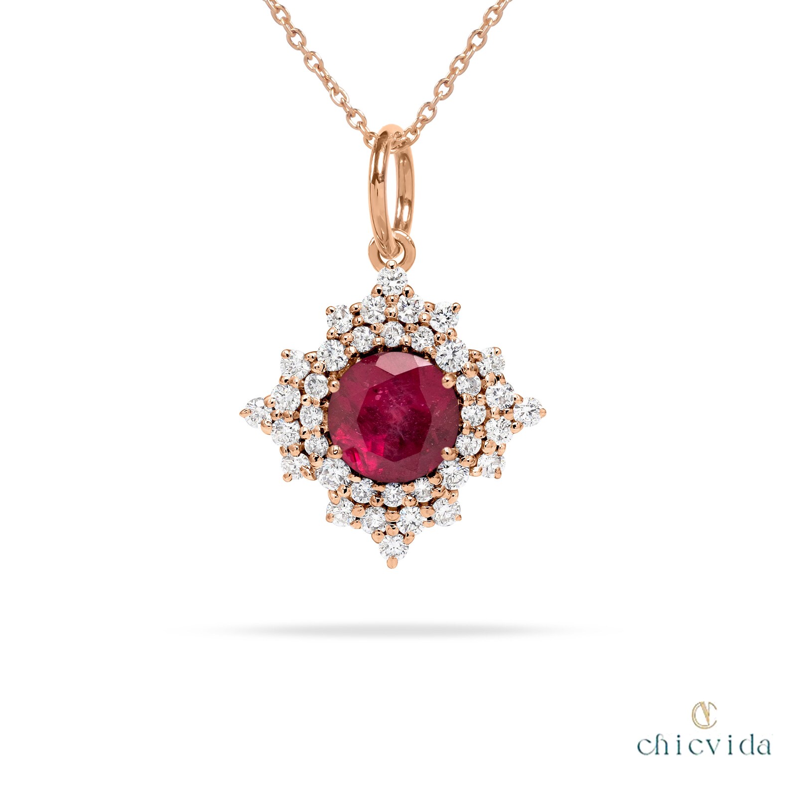 Elegant Ruby Diamond Cluster Pendant, 14k Ruby Round Necklace ...