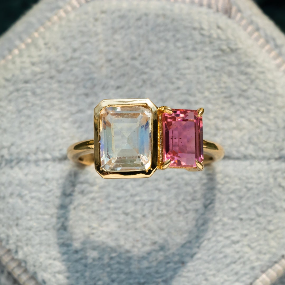 Toi Et Moi Ring/two Stone Tourmaline Moonstone Ring/emerald Cut Ring ...
