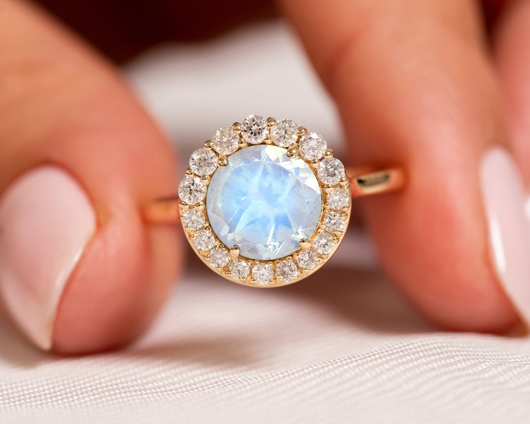 14k Gold Moonstone Ring/rainbow Moonstone Engagement Ring/round Cut ...