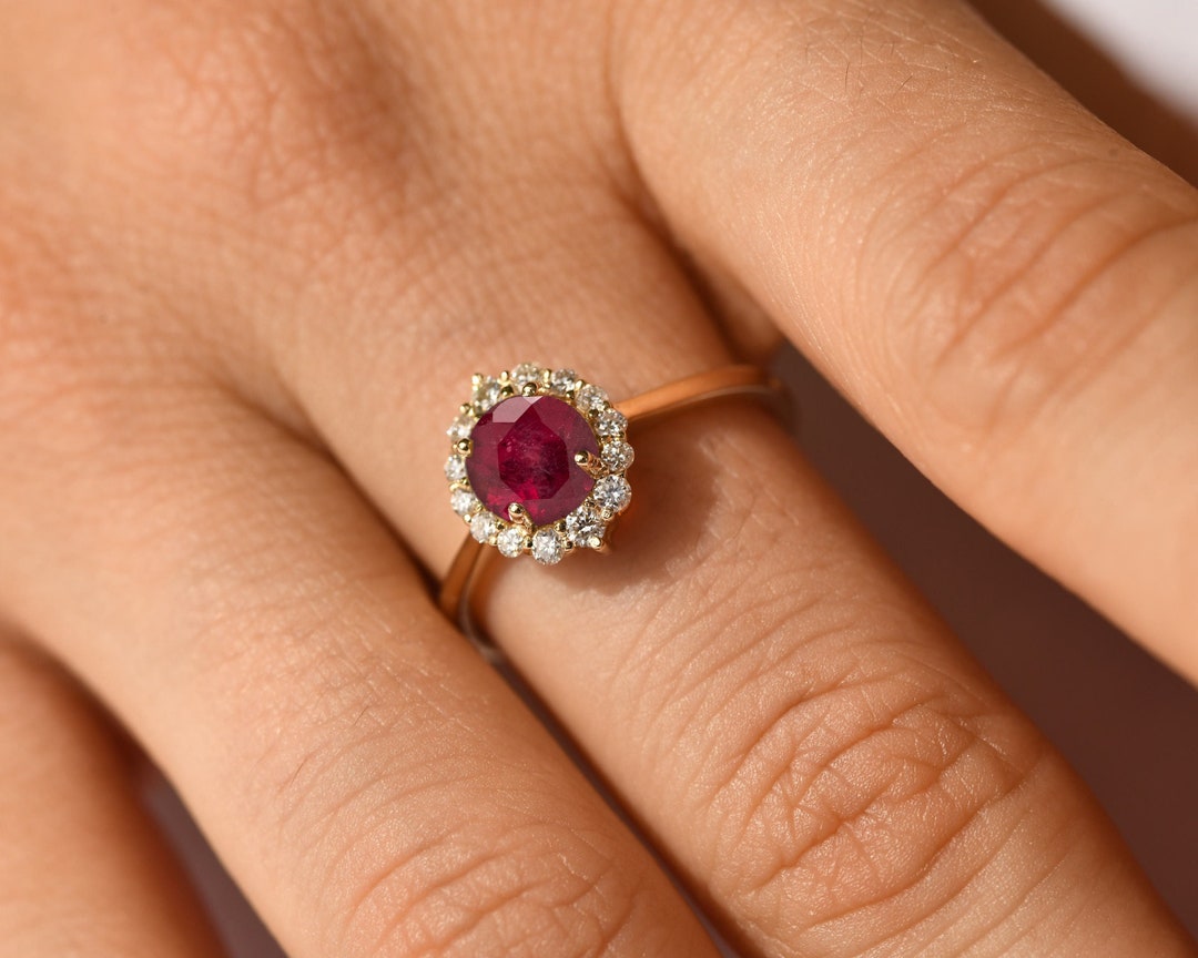 Genuine Ruby Vintage Engagement Ring,ruby Ring With Diamond Halo,14k Yellow Gold,natural ...