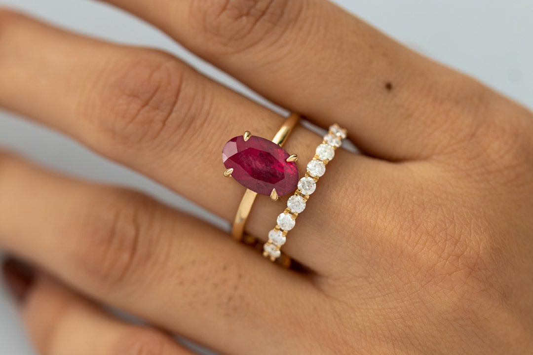 Genuine Ruby Engagement Ring Set,14k Solid Gold,prong Set Solitaire ...