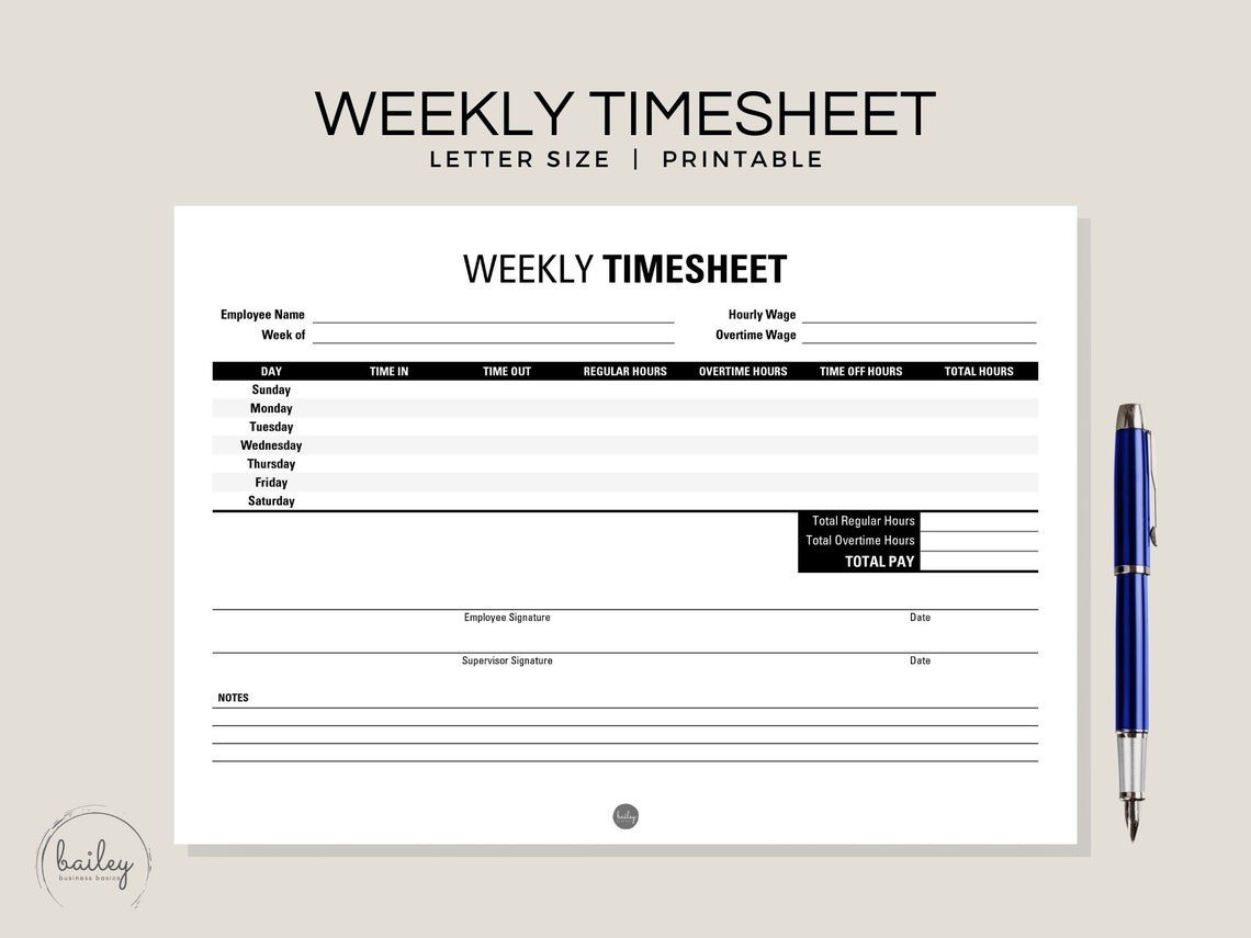 TIMESHEET, Weekly Timesheet, Employee Timesheet, Printable Timesheet ...