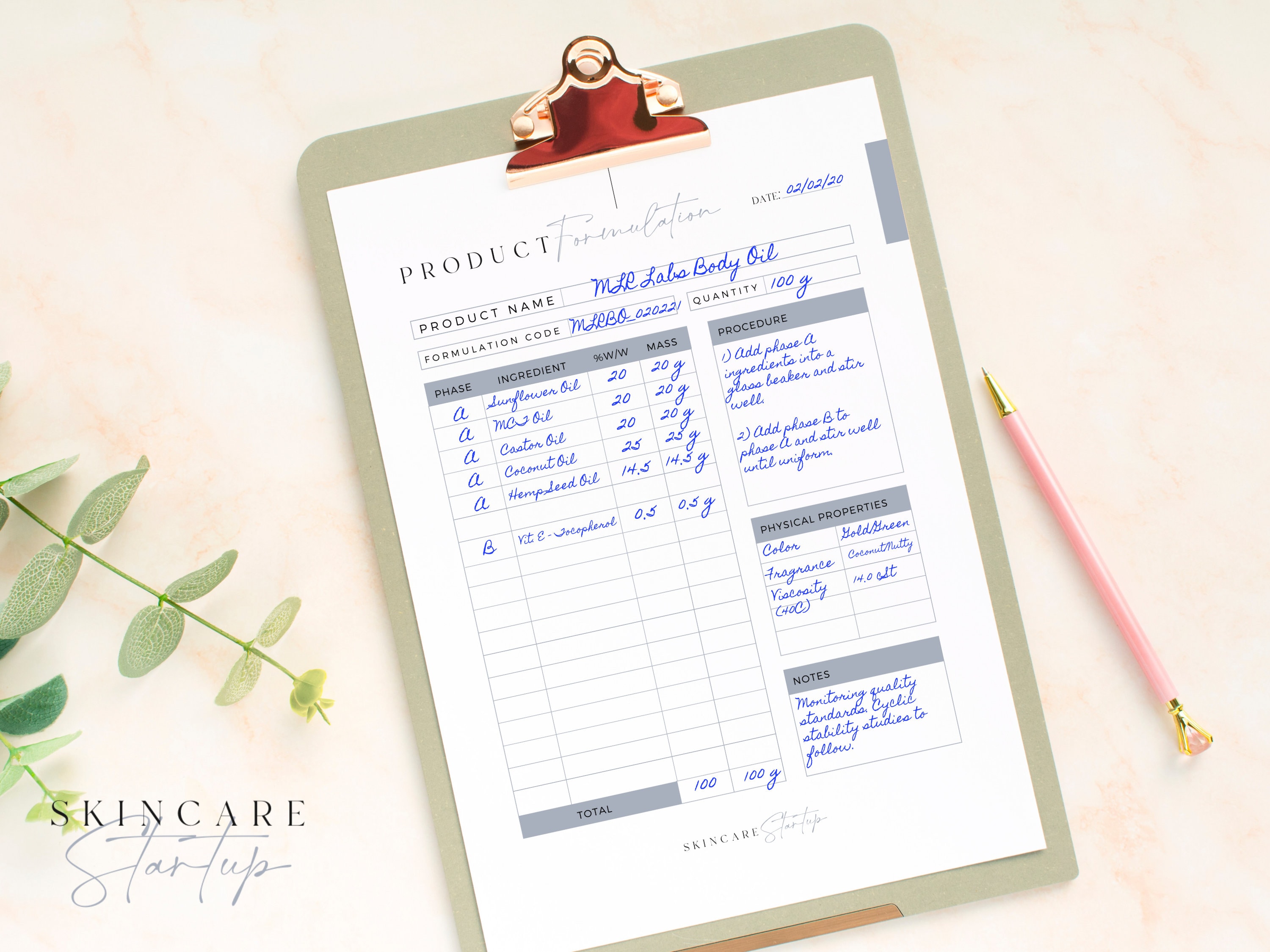 Skincare Formulation recipe Printable Template Bath and Body ...