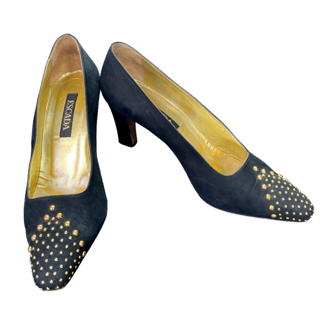 Vintage 90’s Escada Gold Studded Black Suede Pumps Y2K Round Toe ...