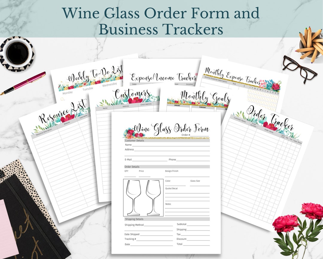 Wine Glass Order Form, Customer & Order Trackers Business Bundle ...