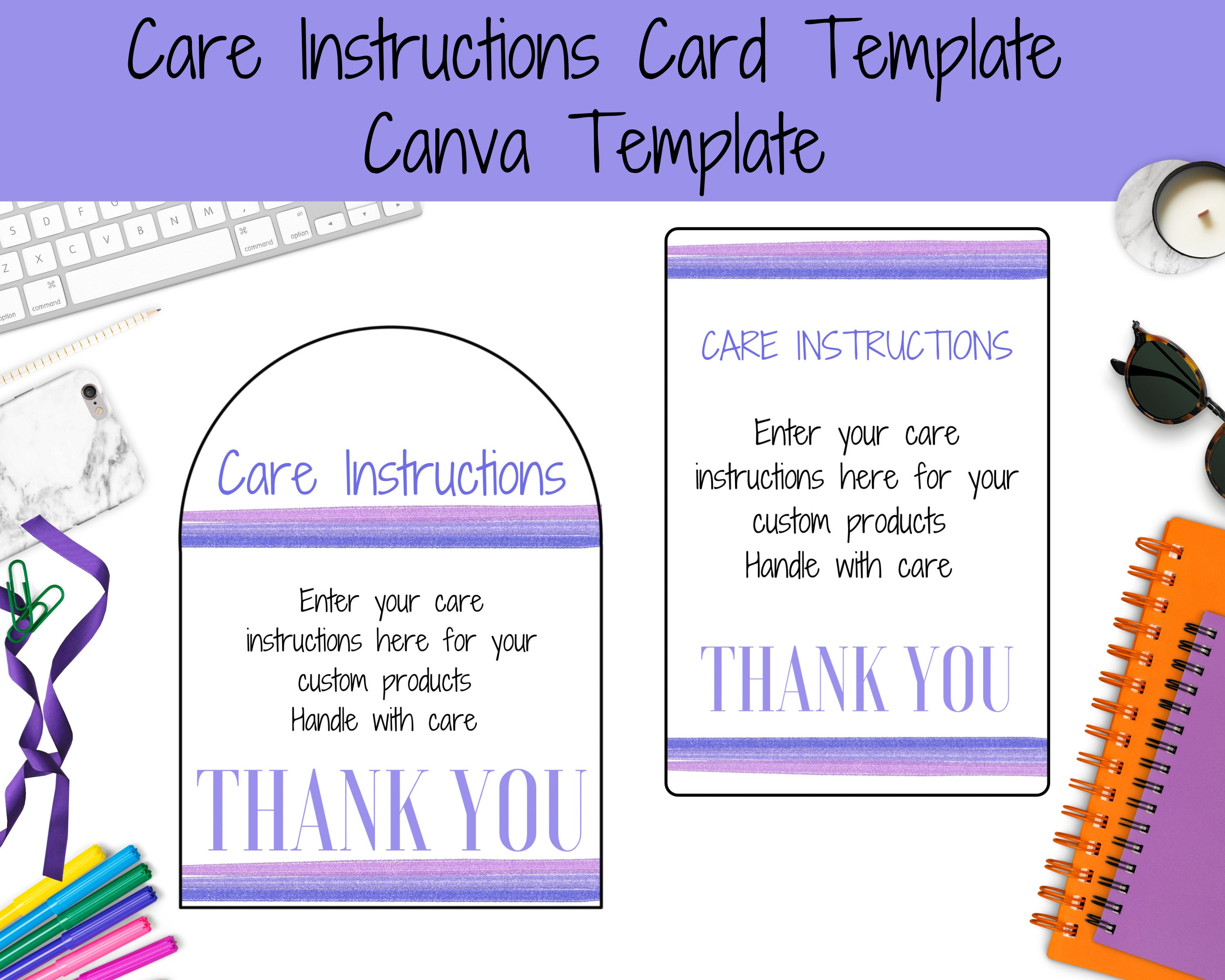 Care Instructions Card Template Purple Canva Template Craft Business ...