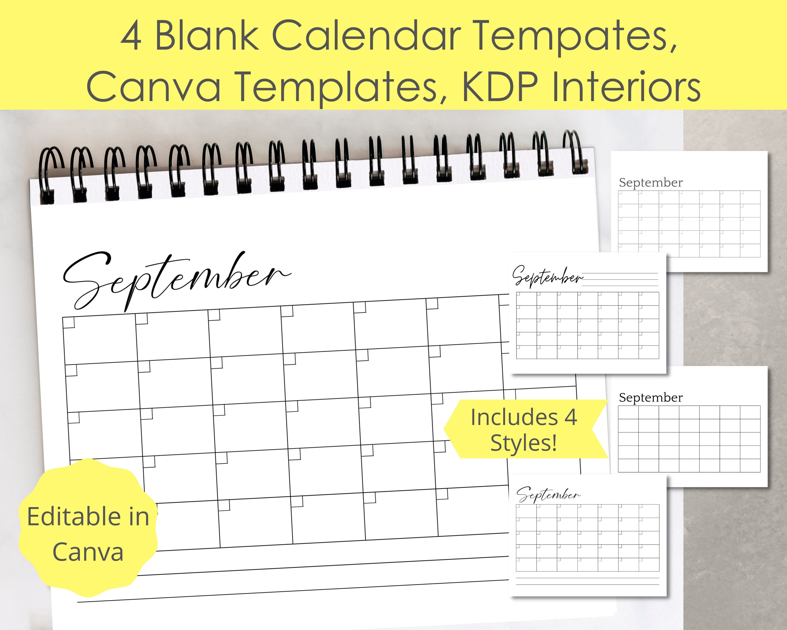 4 Blank Calendar Templates, Canva Templates, KDP Interiors, Printable ...