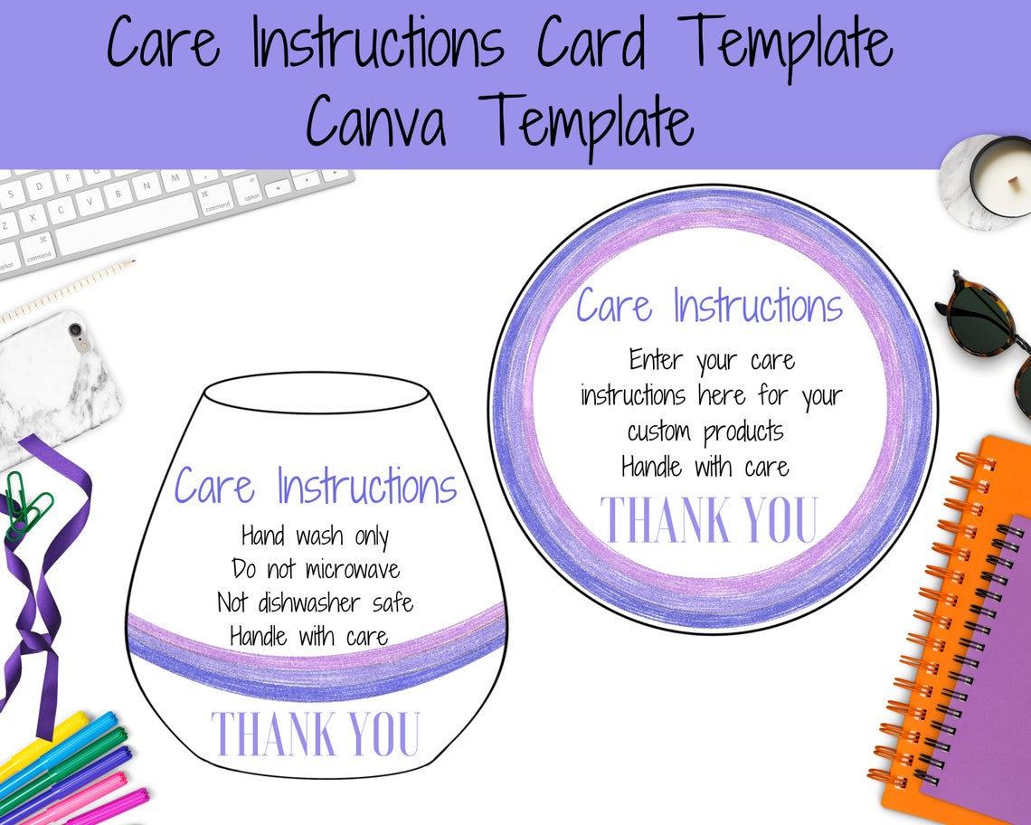 Care Instructions Card Template Purple Canva Template Craft Business ...