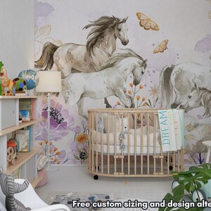 HORSE Wallpaper Mural / Girls Room Wallpaper With Horses, Peonies and ...