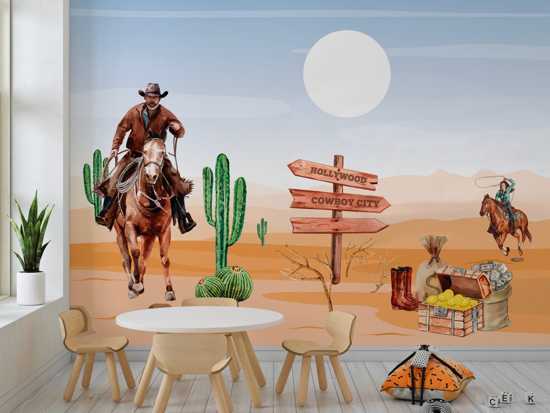 COWBOY Wallpaper Mural / Retro Western Wallpaper / Wild West Boys ...