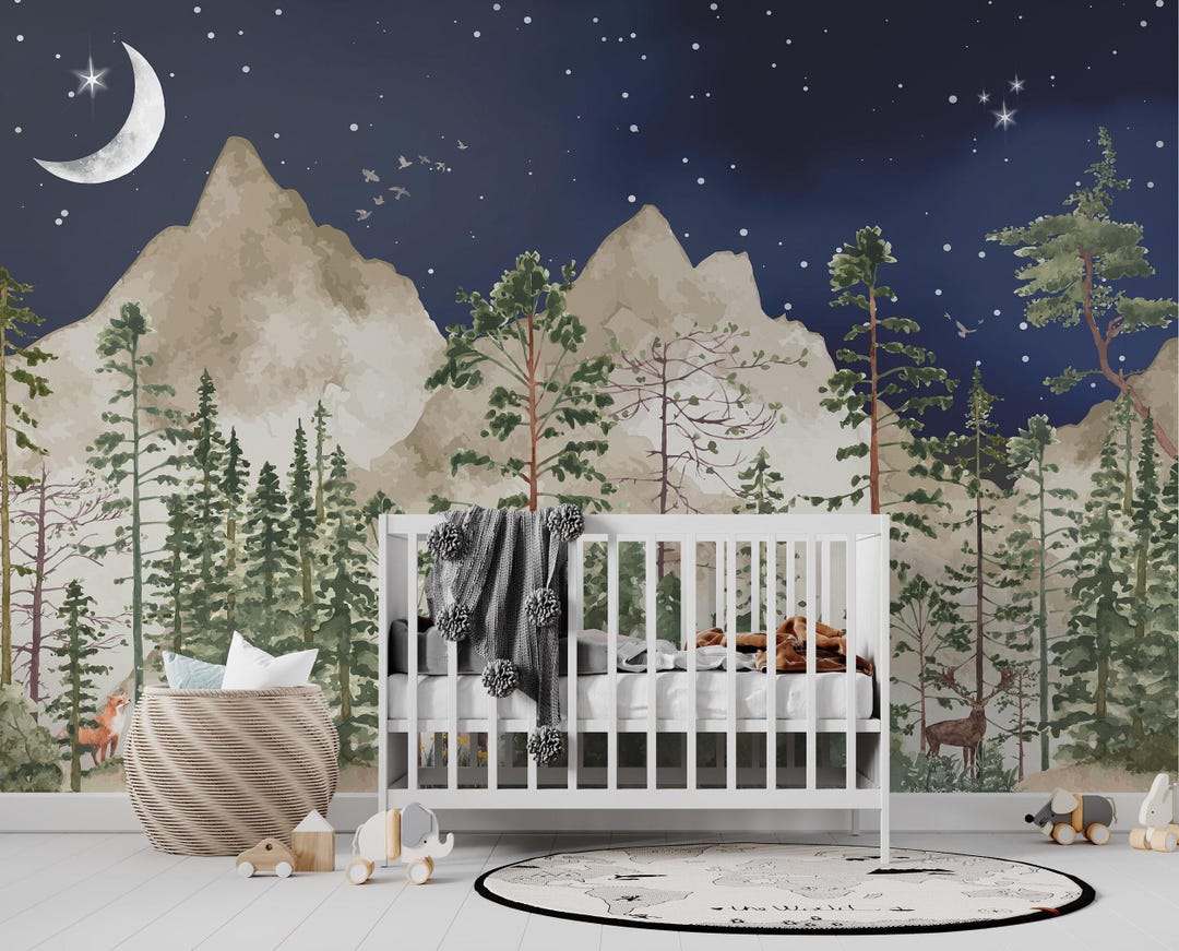 ANIMALS Under the Night SKY Wallpaper / Woodland Nursery Wallpaper / Forest Wallpaper / Trees ...