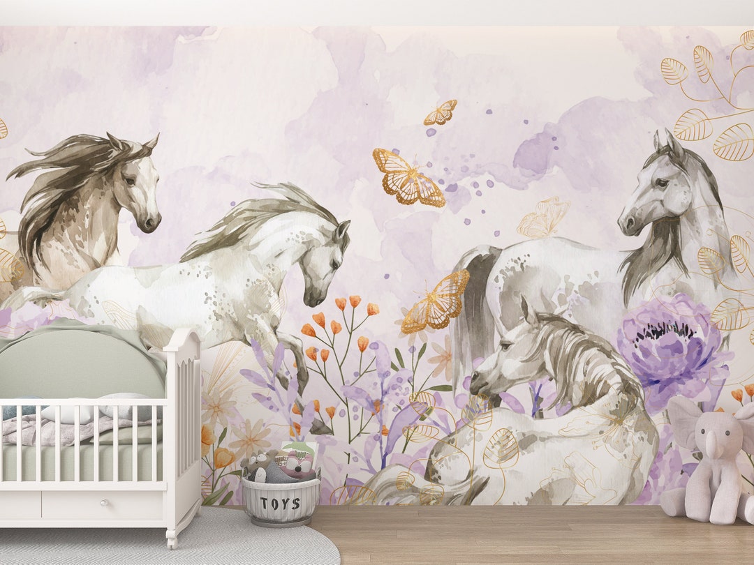 HORSE Wallpaper Mural / Girls Room Wallpaper With Horses, Peonies and ...