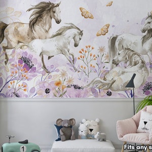 HORSE Wallpaper Mural / Girls Room Wallpaper With Horses, Peonies and ...