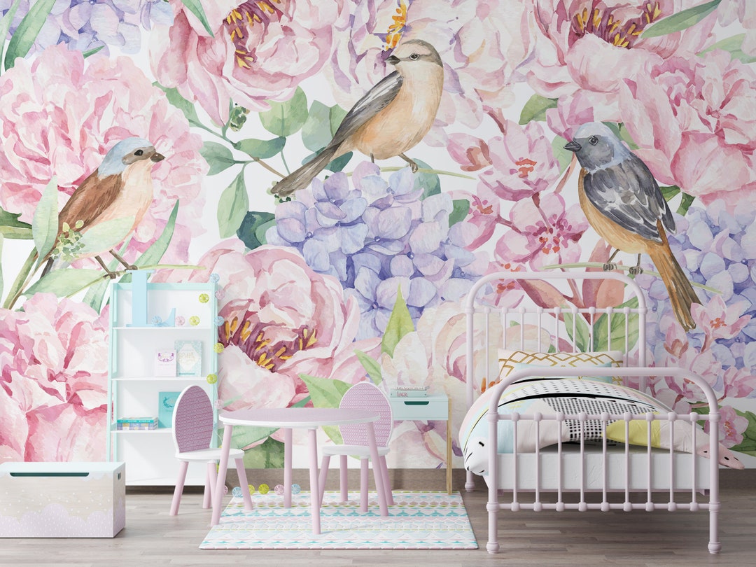 SPRING BIRD Wallpaper / Baby Girl Nursery Wallpaper / Floral Wallpaper ...