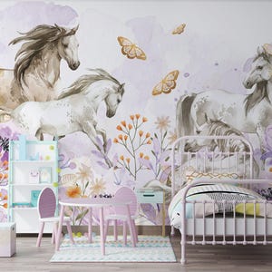 HORSE Wallpaper Mural / Girls Room Wallpaper With Horses, Peonies and ...