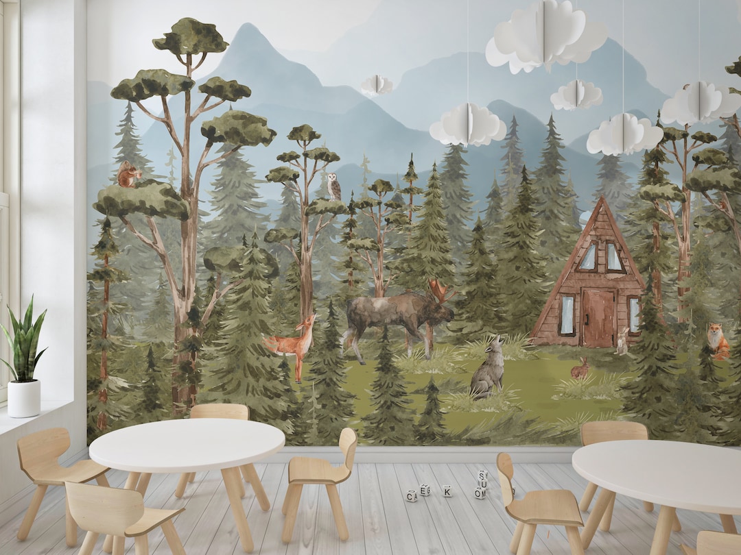 WOODLAND Wallpaper / Kids Wallpaper With Trees, Mountains and Animals ...