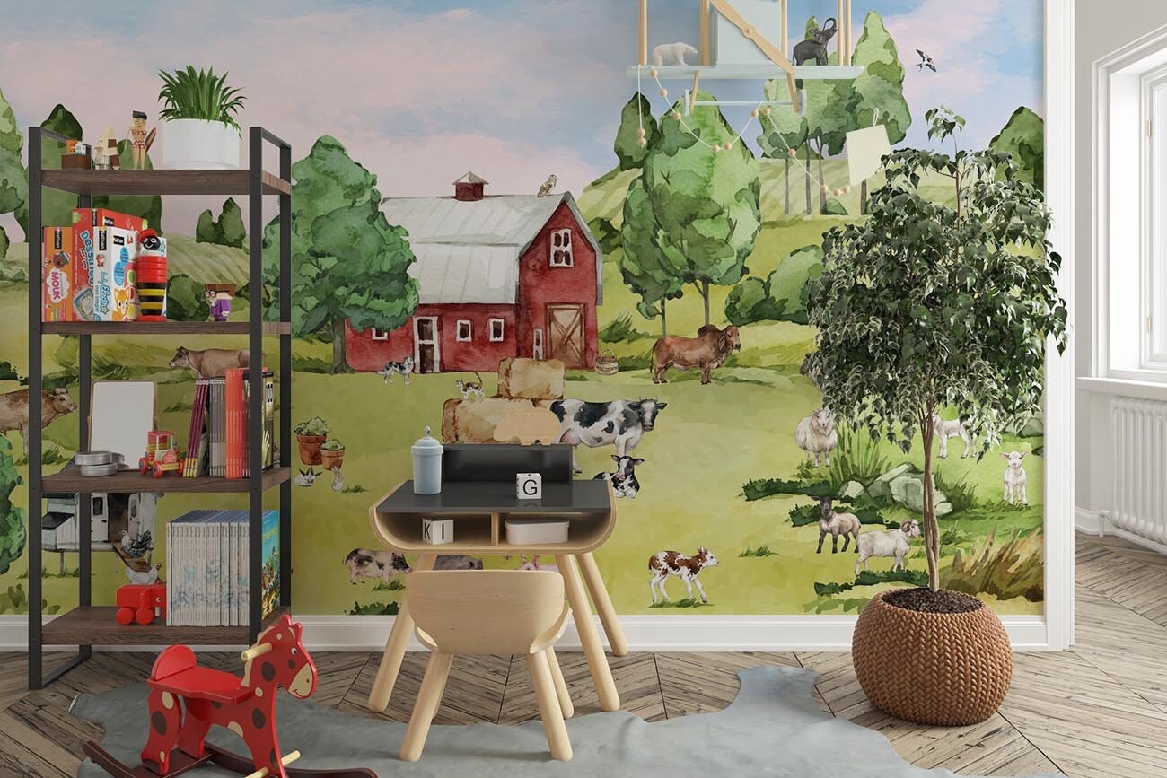 On the Farm / Wallpaper for Children / Non-woven Wallpaper / - Etsy