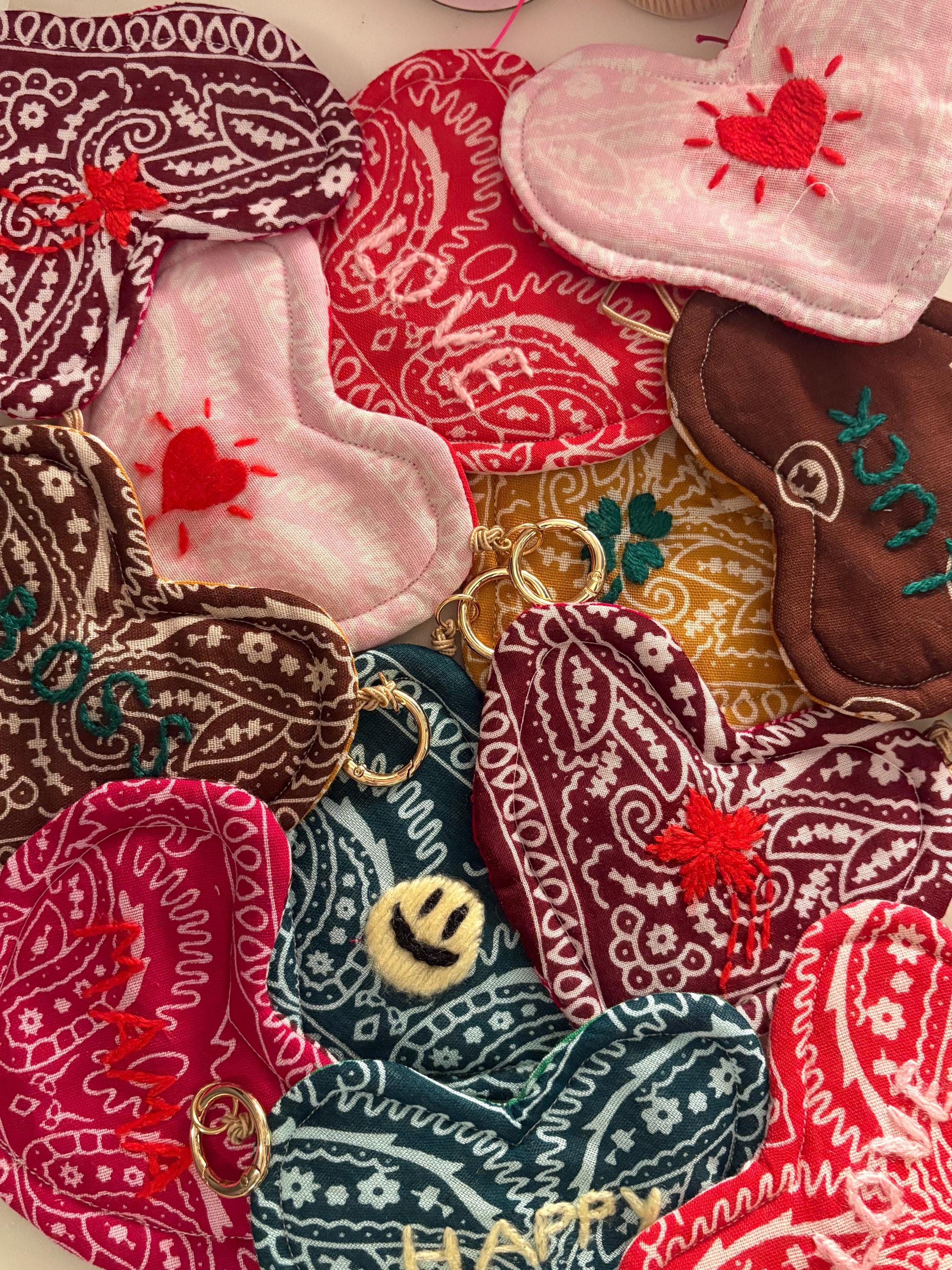 Handmade Heart-shaped Bandana Keychain Charm/ Bag Charm - Embroidered ...