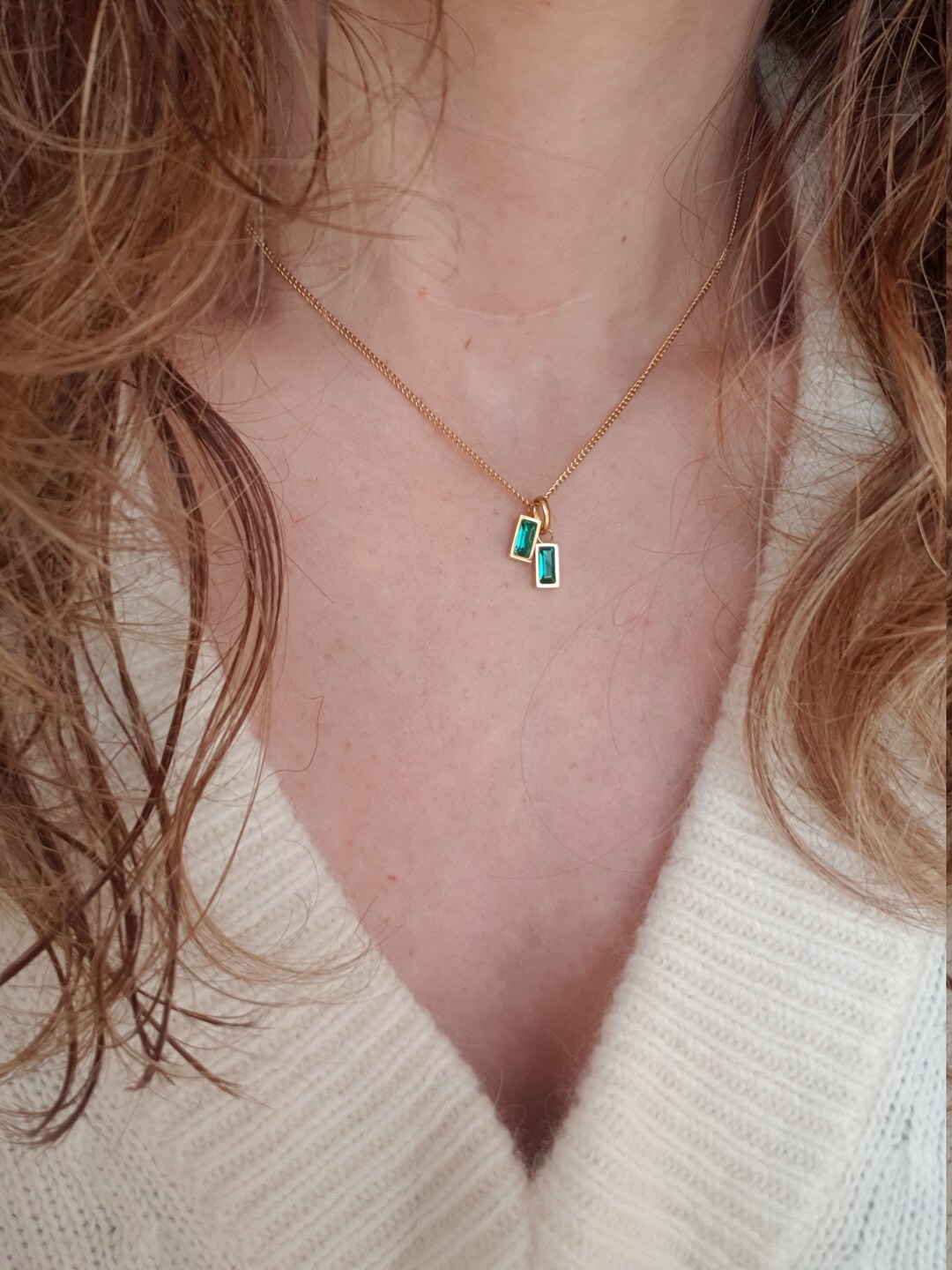 Green Cubic Zirconia Pendant Stainless Steel Chain Necklace, Gold Chain ...