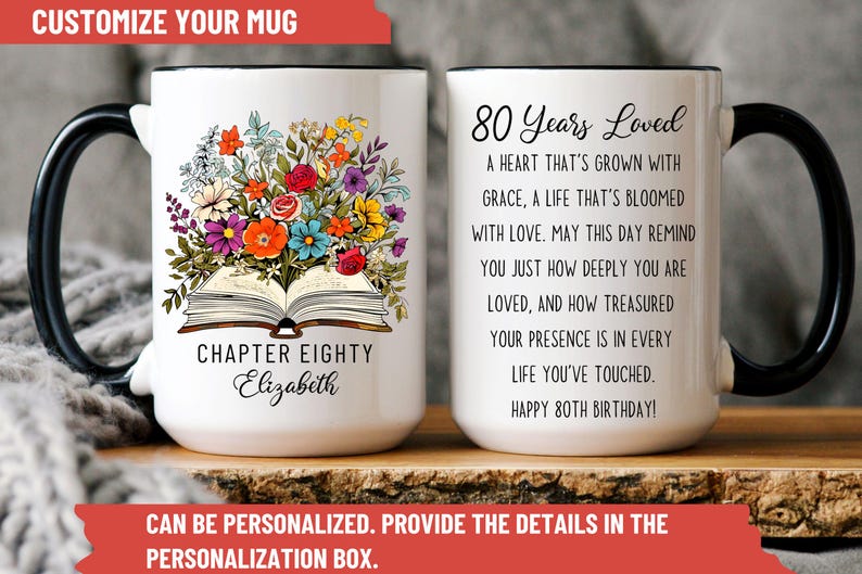 Personalized 80th Birthday Mug: Floral Chapter Eighty Design - Etsy