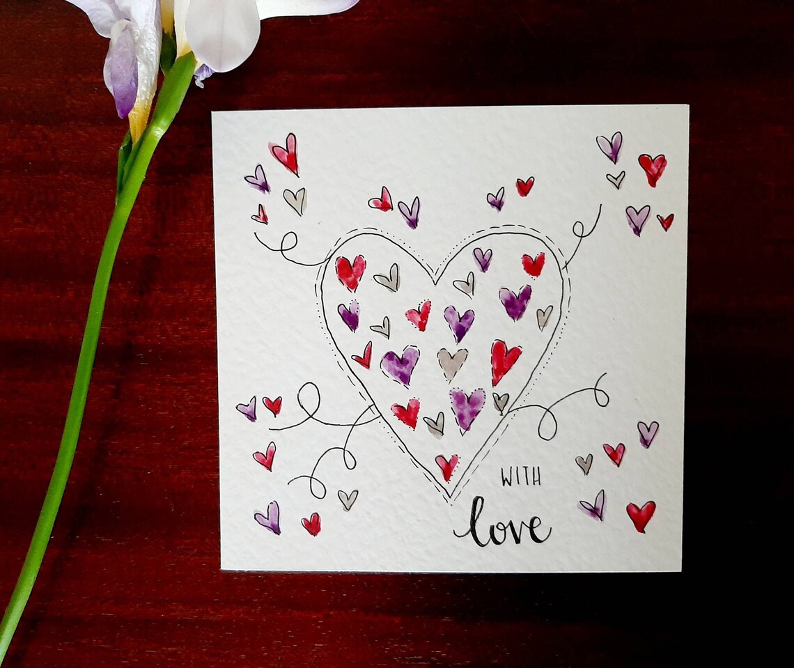 Hand painted heart watercolour greeting cards personalisation | Etsy