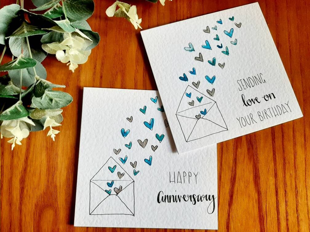 Hand Painted Watercolour Love Hearts Cards - Colour Choice ...