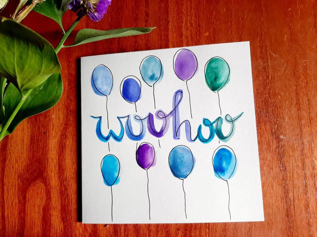 Hand Painted Watercolour Celebration Card, "woohoo" Balloons 4 Colours ...